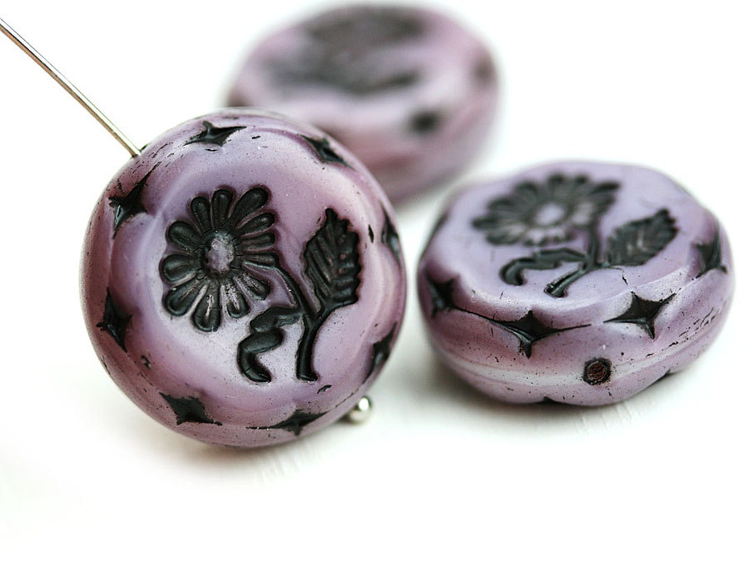 22mm Purple Flower Focal bead Purple Black flower Czech glass Round ...