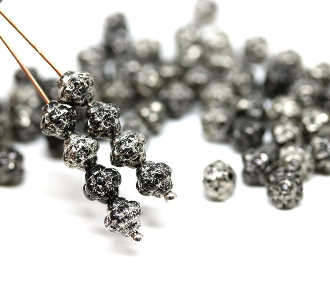 Jet Black Silver Wash 6mm Fancy Bicone Czech Glass Pressed Beads 60pc ...