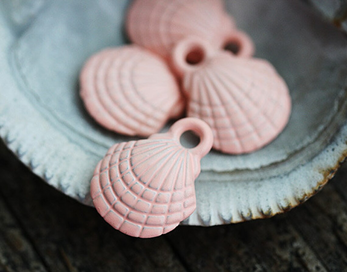 4pc Small Pink Shell Charms Painted Metal Casting Puffy | Etsy