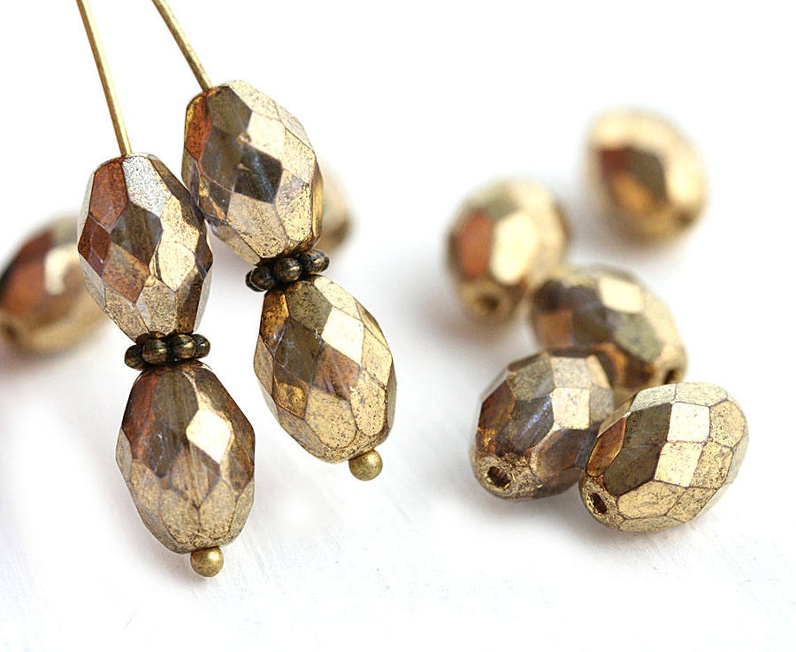 Golden Olive Shaped Czech Glass Beads, Gold Fire Polished Oval Beads ...