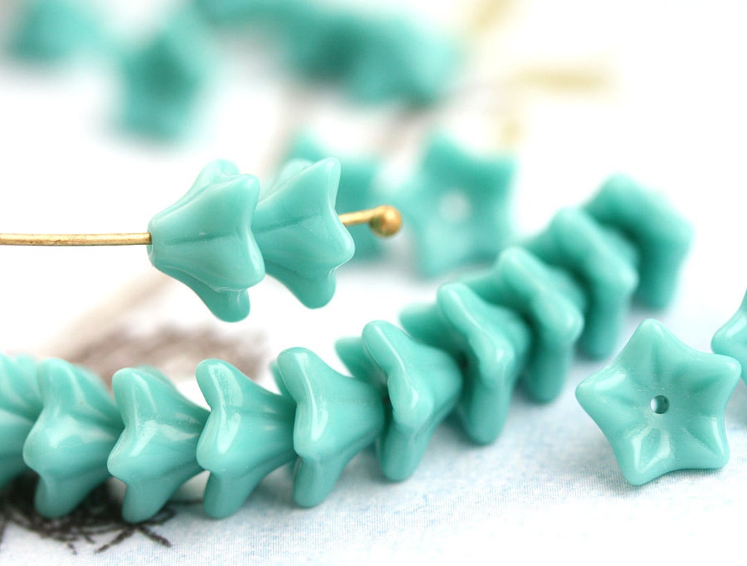 20pc Turquoise Trumpet Flower, Czech Glass 5 Petal Flower Beads, Five ...