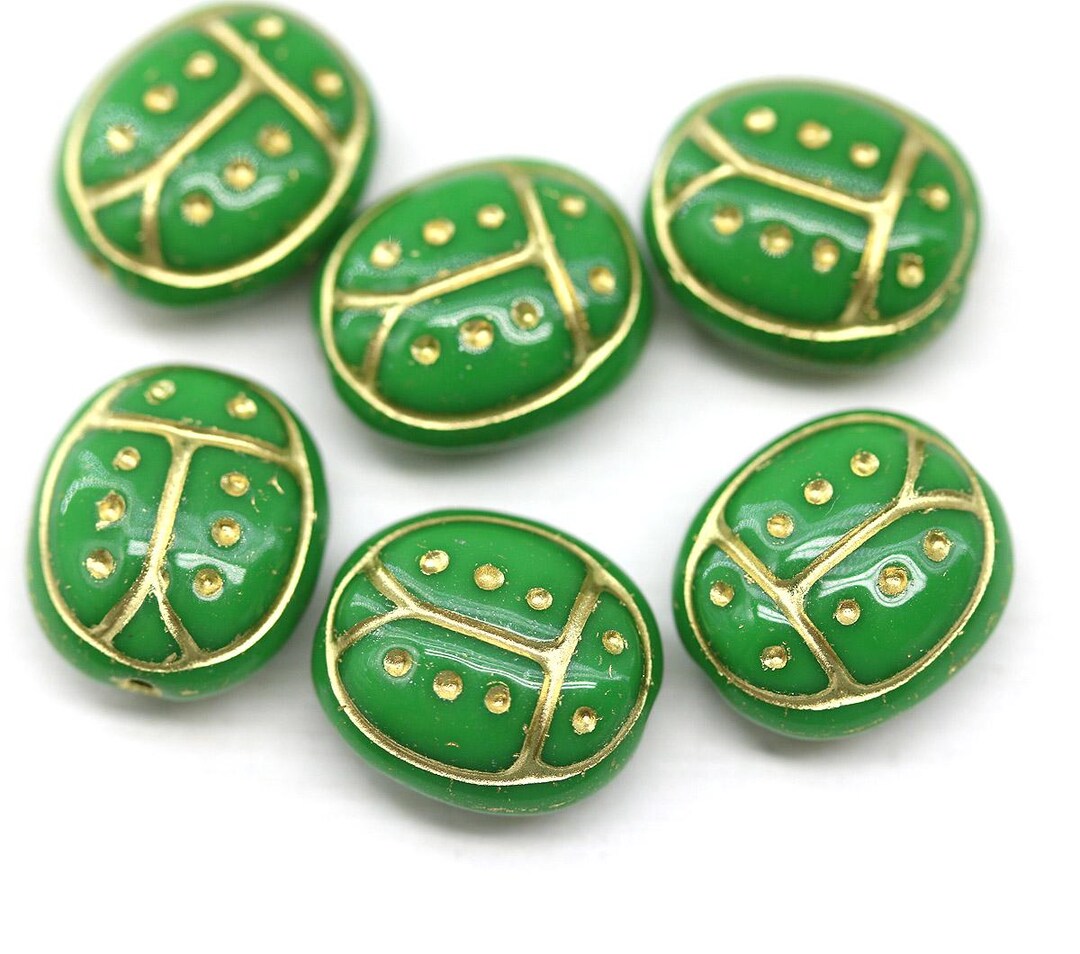 Ladybug Beads Green Gold Czech Glass Ladybird Bead Bug Insect 6pc ...