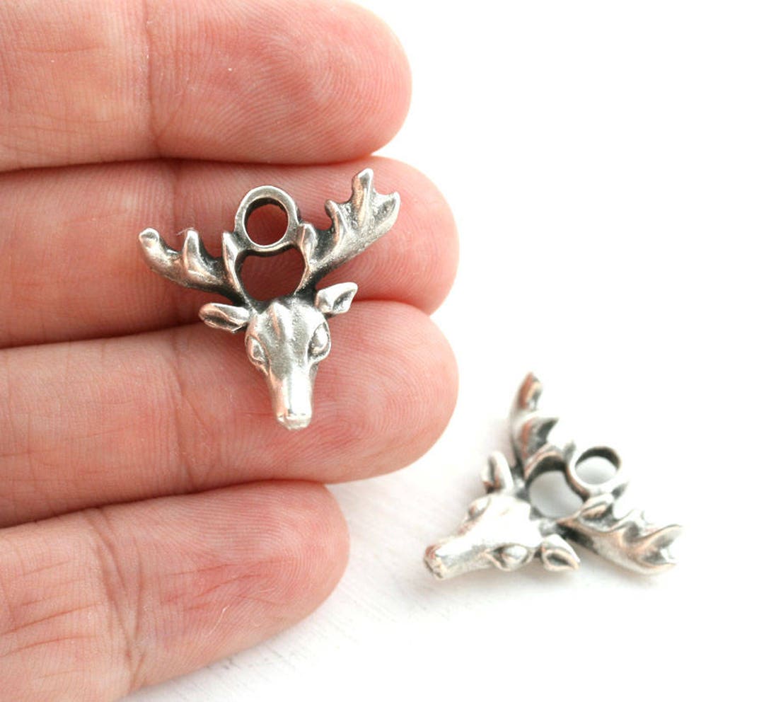Deer Elk Charm Bead, Antique Silver Metal Antlers, Greek Casting, Deer ...