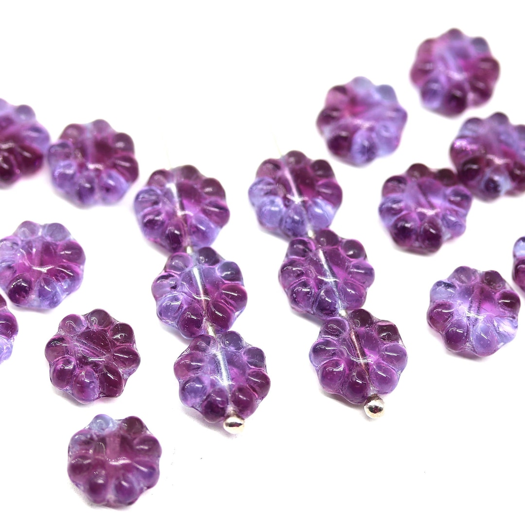 9mm Purple Blue Daisy Flower Beads Czech Glass Floral Beads 20pc - 2631 ...