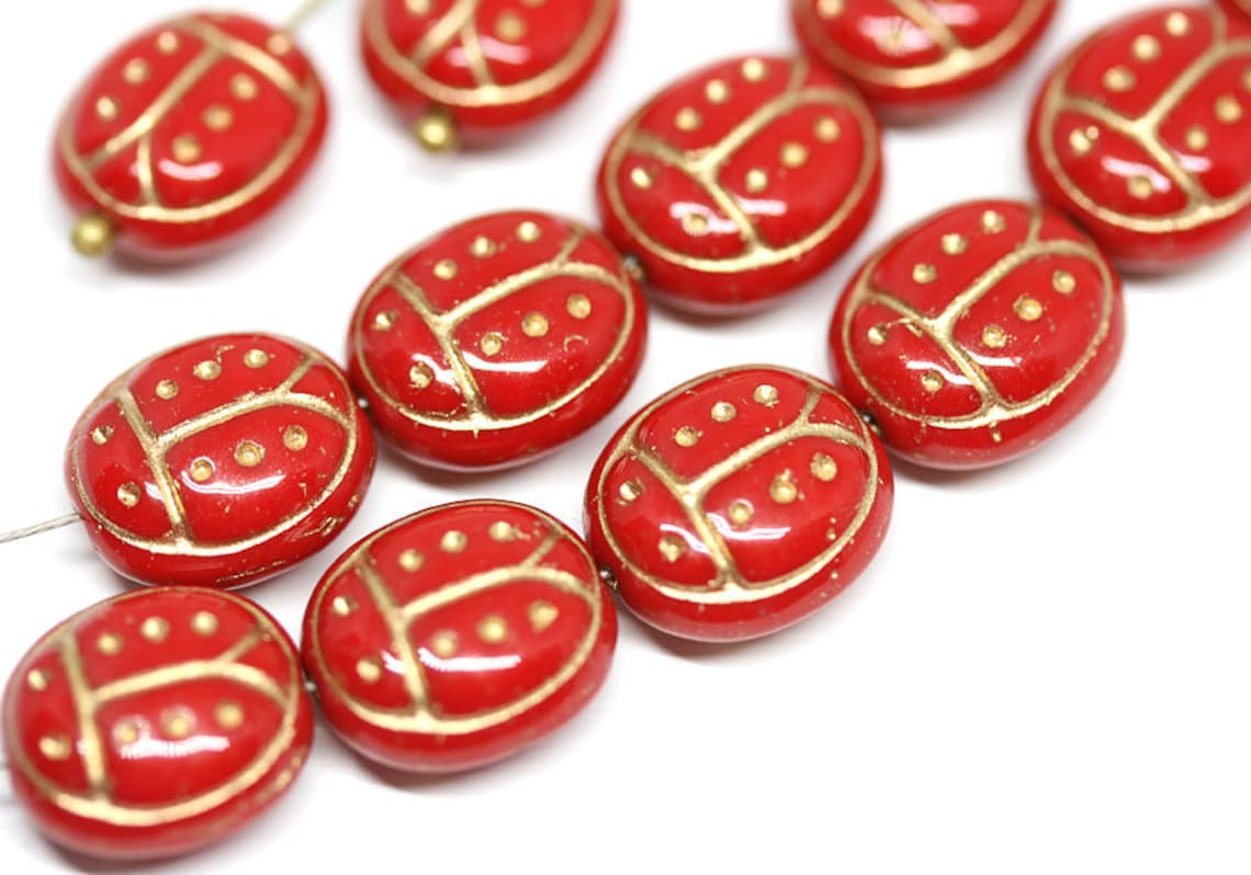 Red Glass Ladybug Bead Golden Dots Red Gold Czech Glass Beads | Etsy
