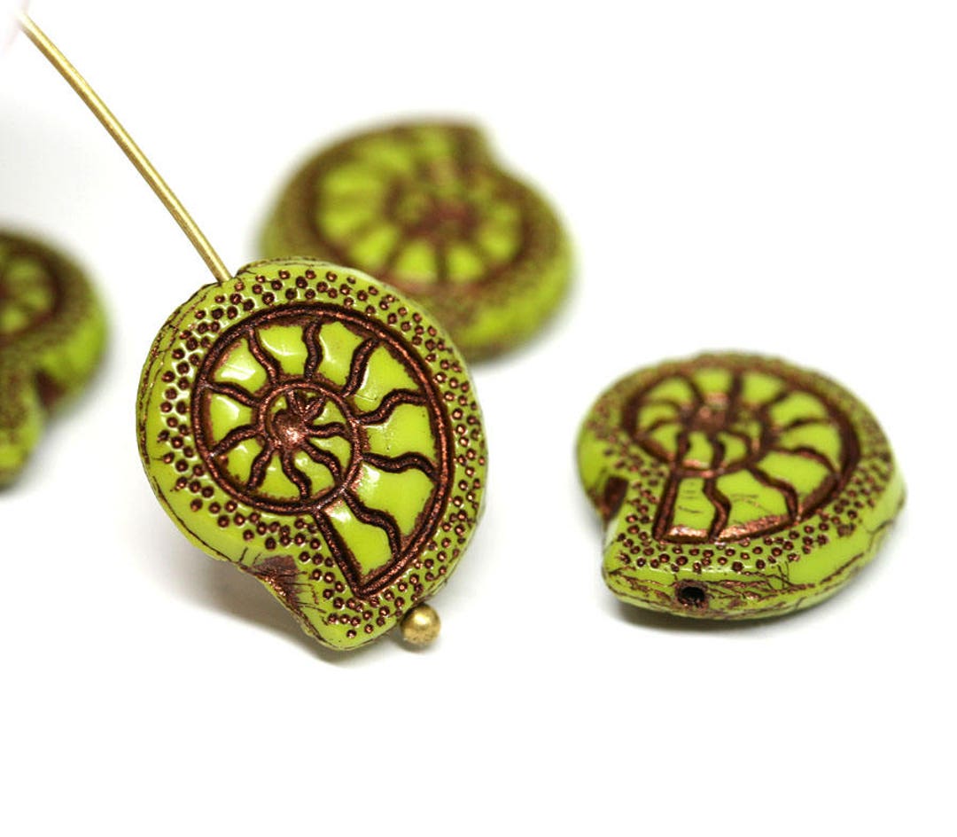 Yellow Green Czech Glass Snail Beads, Nautilus, Fossil, Shell, Copper ...
