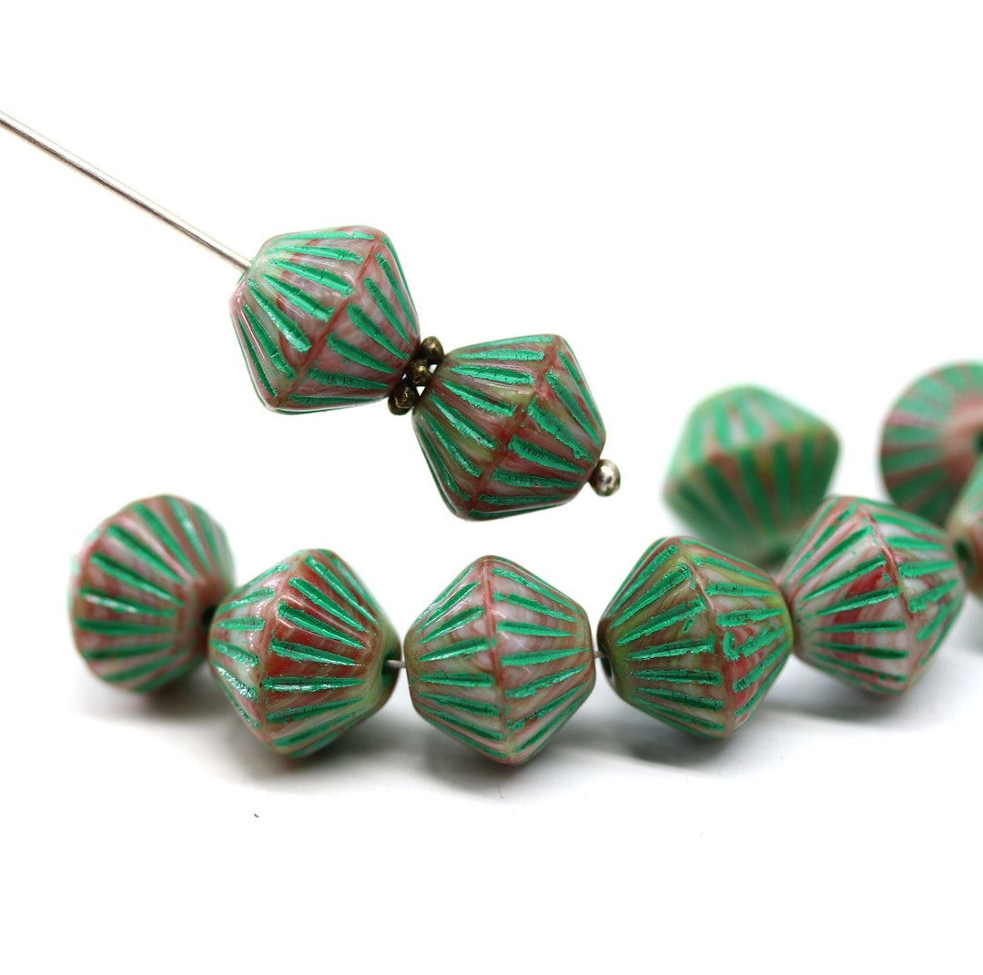 11mm Large Brown Czech Glass Bicone Beads Green Stripes 10pc - 5793 - Etsy
