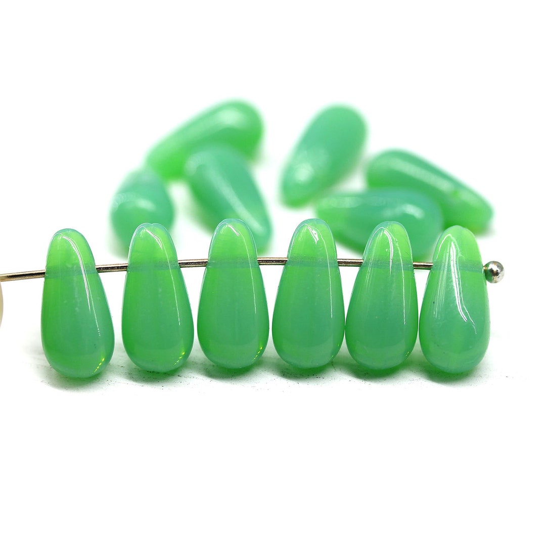 6x13mm Opal Green Glass Drops Czech Teardrop Beads Apple Green Long ...