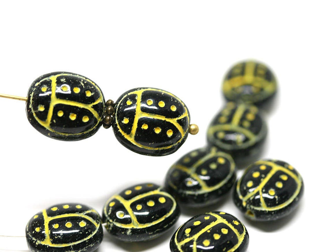 Black Ladybug Beads Yellow Dots 13x11mm Czech Glass Large Ladybird ...