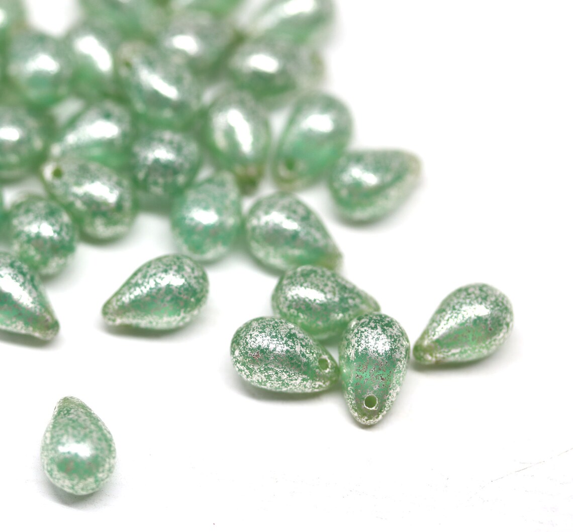 Antique Green Czech Glass Drops, Silver Wash Light Green Teardrops ...