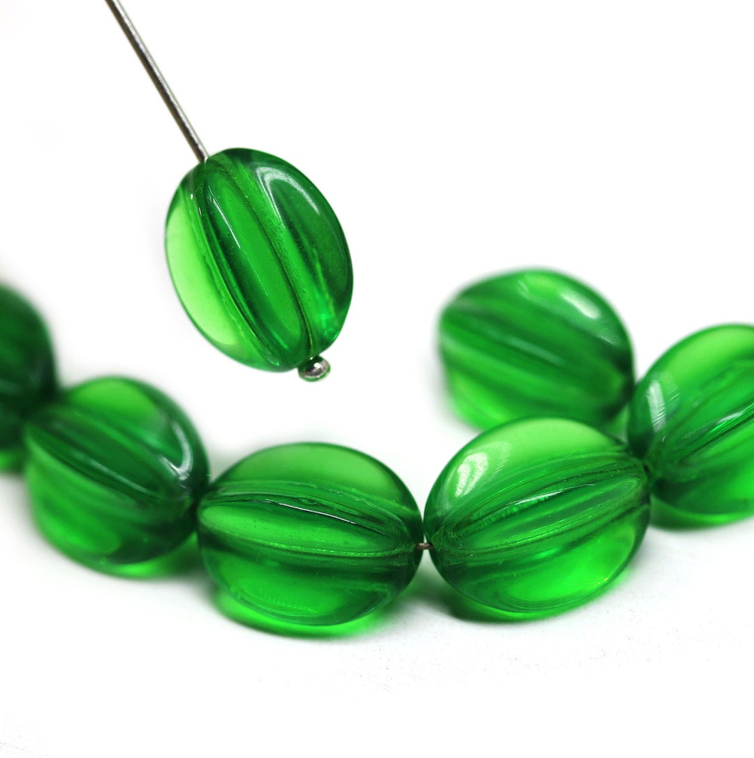 15x12mm Large Barrel Emerald Green Czech Glass Ribbed Oval Beads, 6pc ...