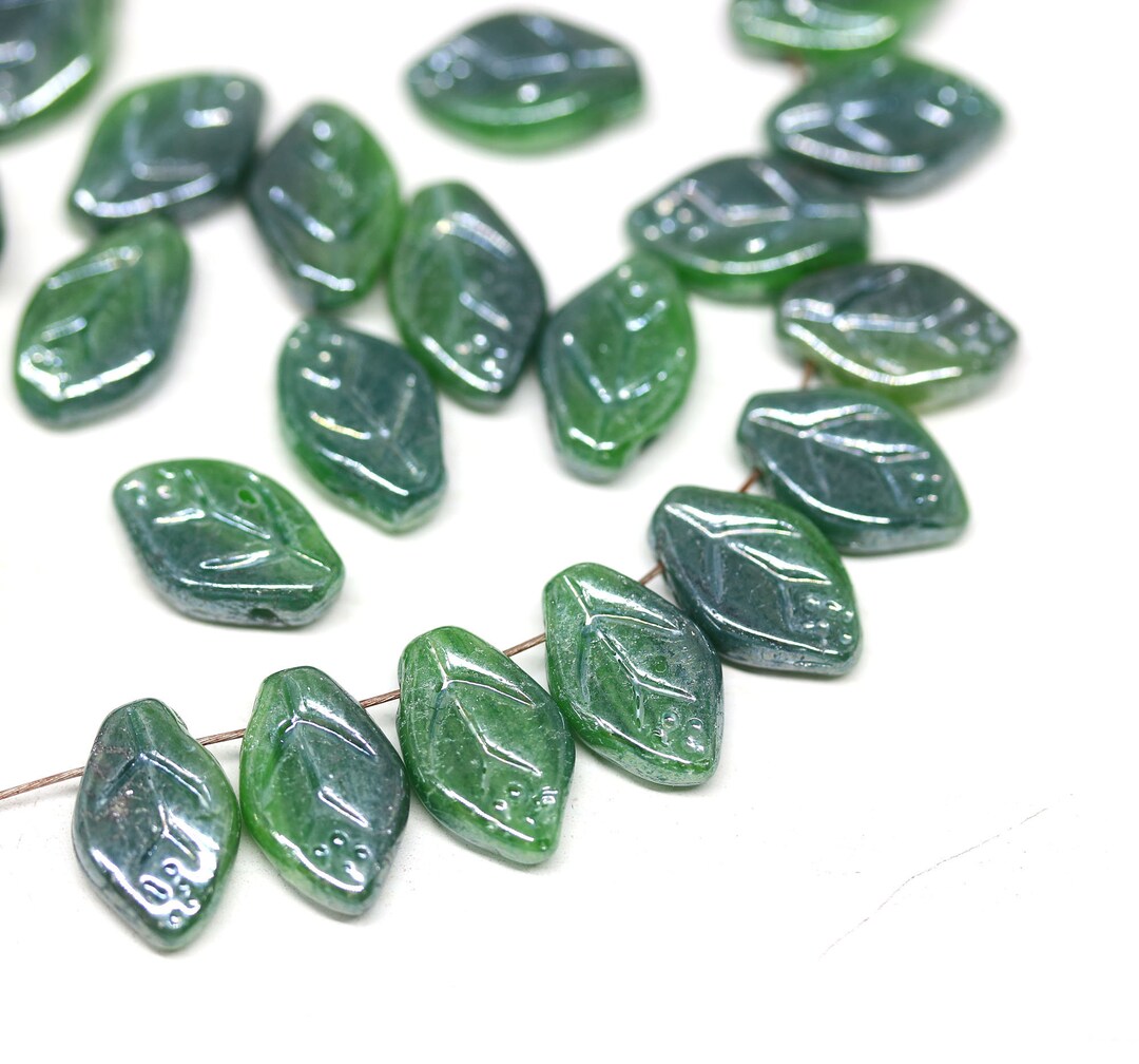 50pc Mixed Green Leaf Beads, Silver Luster Czech Glass Leaves, 12x7mm ...