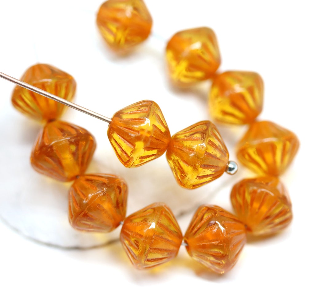 9mm Orange Czech Glass Bicone Beads, Dark Orange Stripes Pressed Beads ...