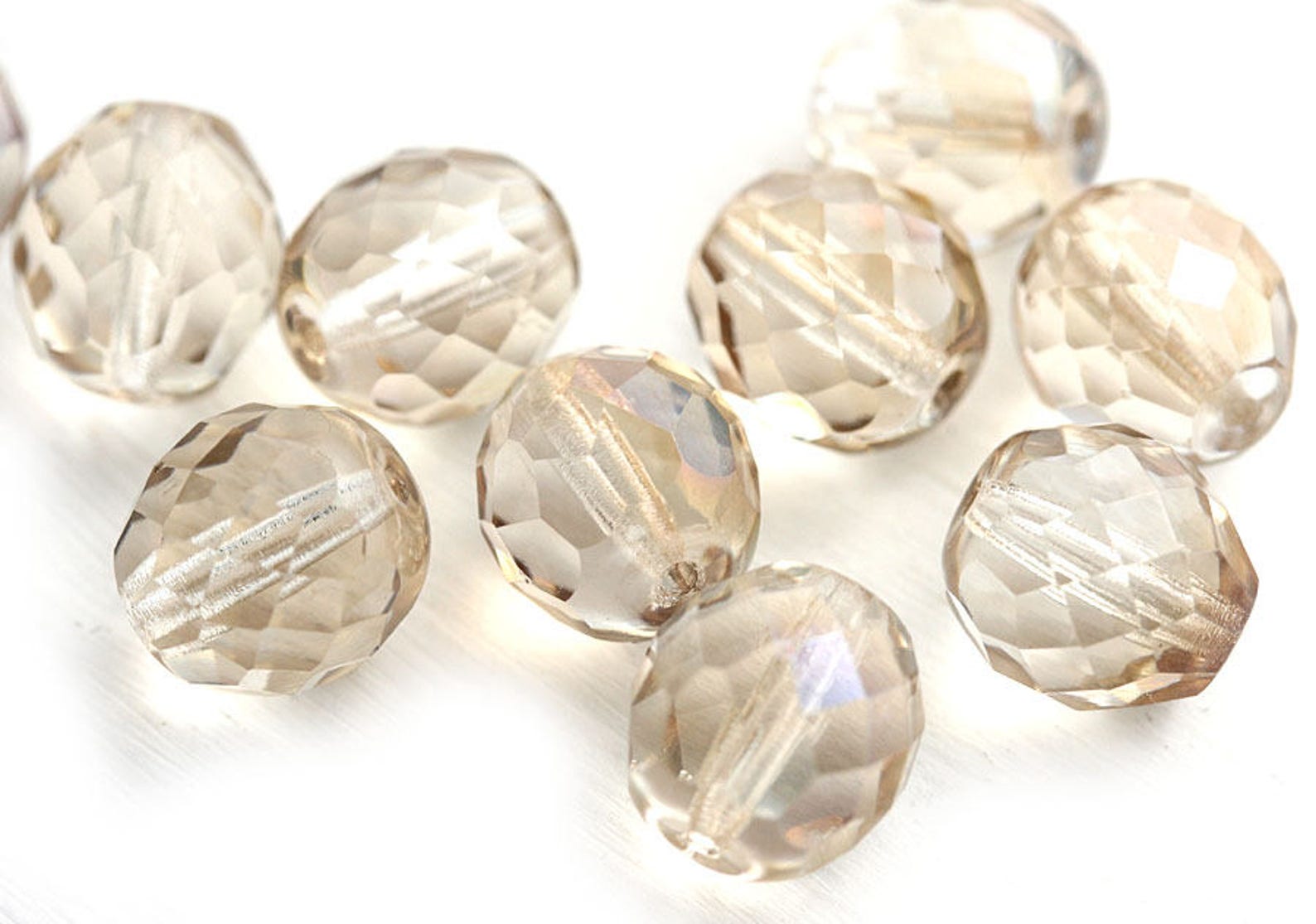 10mm Light Smokey Topaz Czech Glass Beads: AB Finish, Fire Polished ...