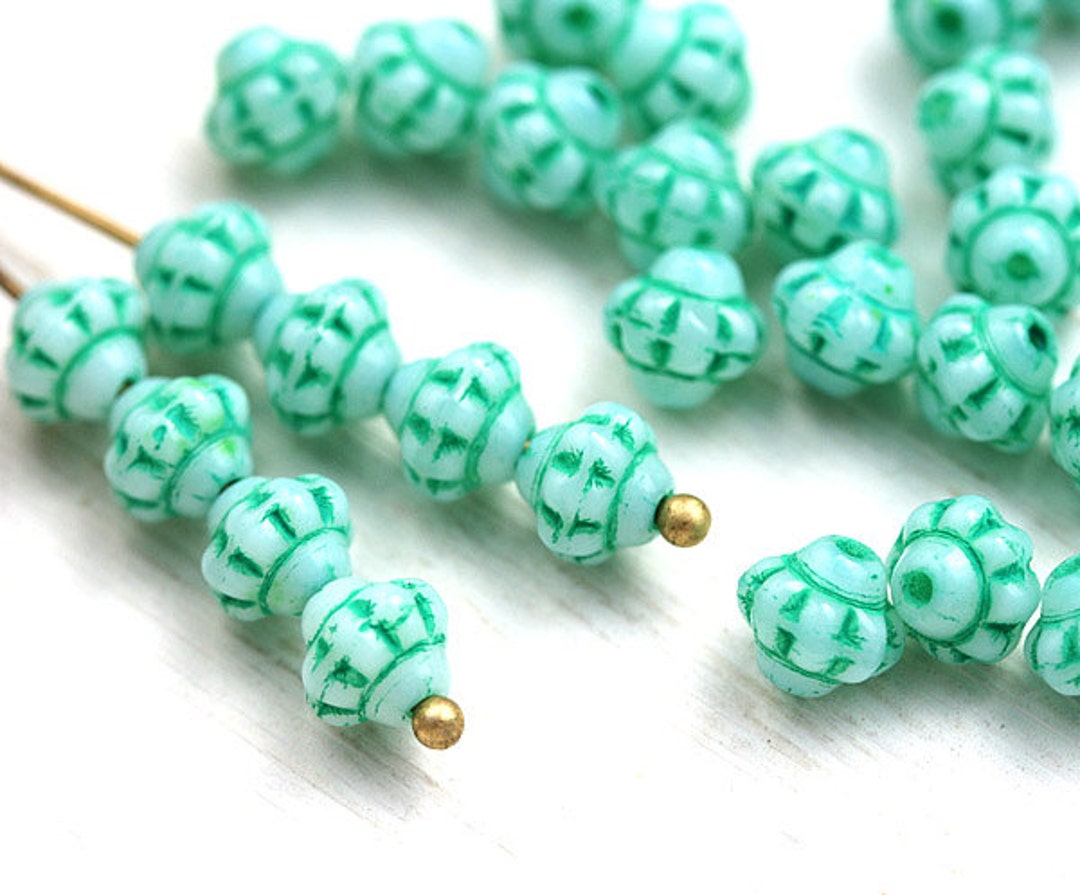 90pc Mint Bicone Beads, Turquoise Green Fancy Bicones, Czech Glass ...