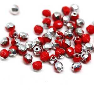 4mm Opaque Red Czech Glass Beads Silver Luster Fire Polished Round ...