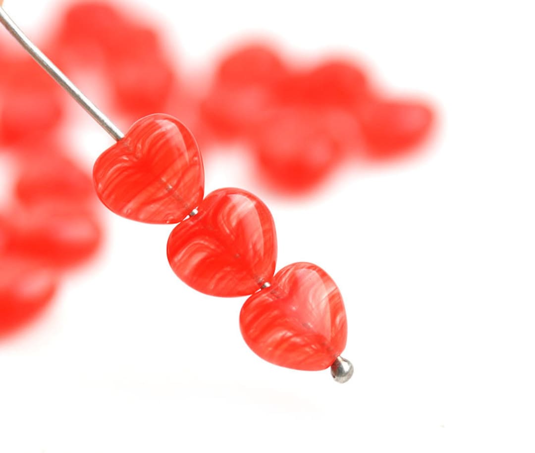 8mm Red Heart Beads, Striped Red Czech Glass Pressed Beads, 30pc 0636 ...
