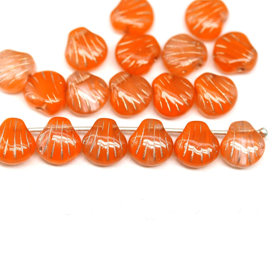 Orange Glass Shell Beads Gold Wash 9mm Side Drilled Seashell Czech ...