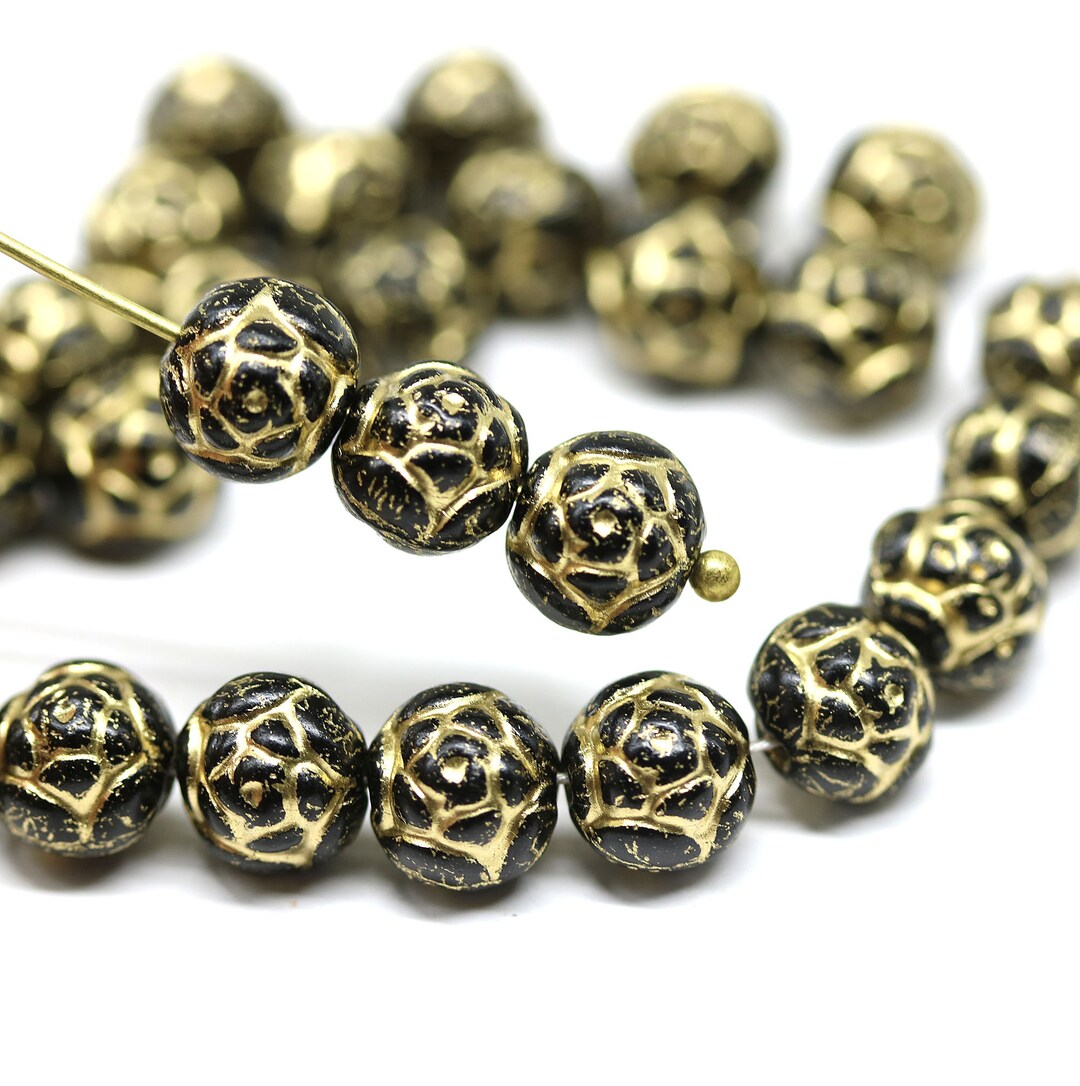 7mm Black Rose Bud Beads Gold Wash Rose Flower Round Czech Glass Beads ...