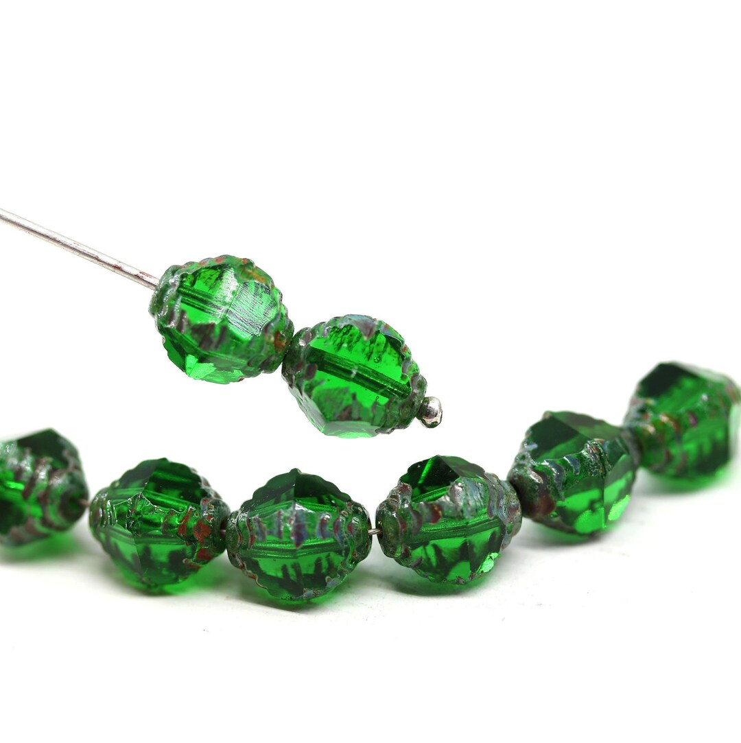 10x8mm Emerald Green Bicone Fire Polished Czech Glass Beads Picasso ...