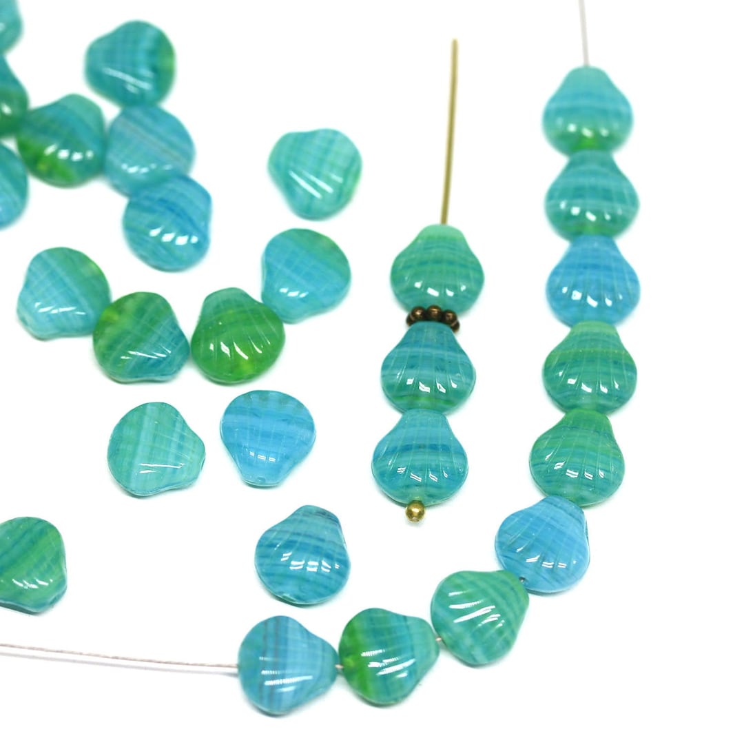 Blue Green Glass Shell Beads, Mixed Color Czech Center Drilled 9mm ...