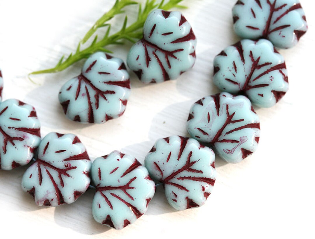 10pc Fancy Leaf Beads, Mint Maple Glass Leaves, Purple Inlays ...