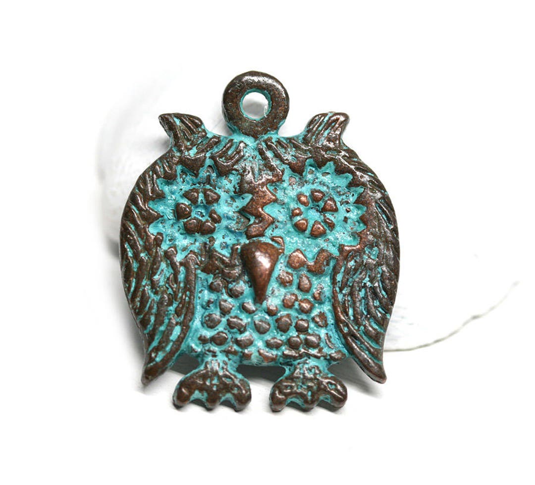 Copper Owl Pendant Green Patina Metal Owl Charm Owl Bird Focal Bead ...
