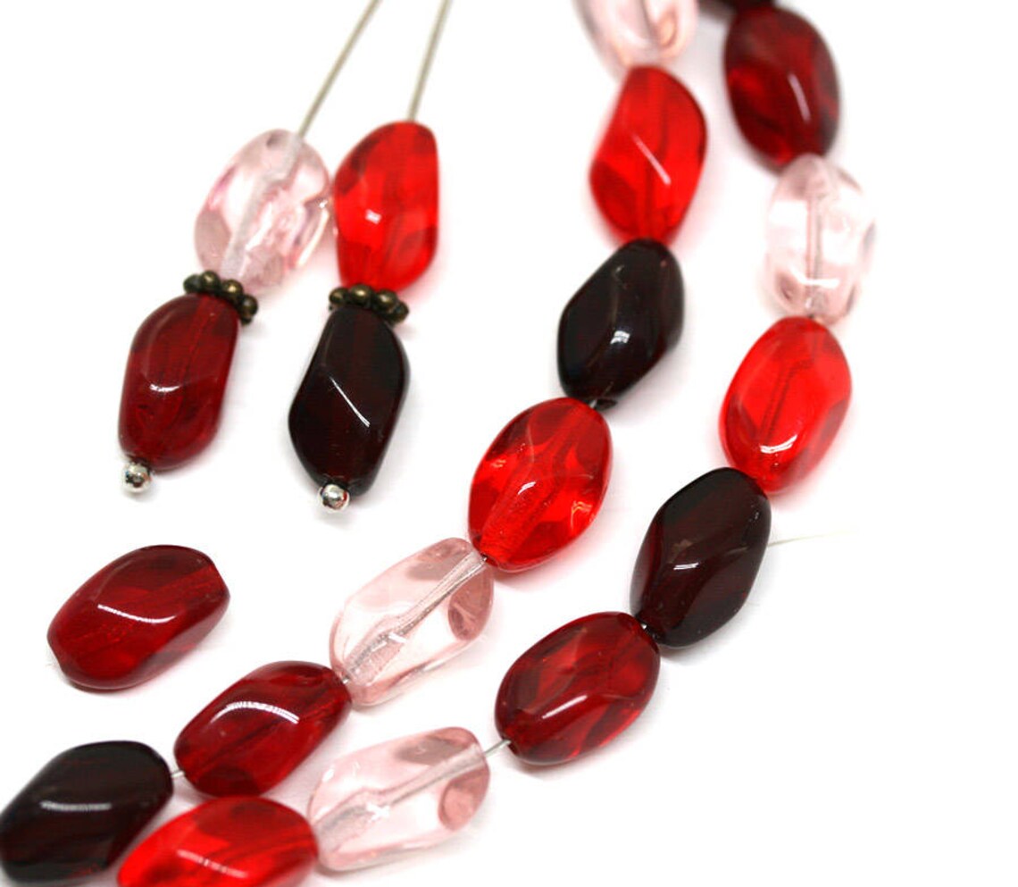 Red Glass Beads Mix Red Pink Czech Oval Beads 11x7mm Twist | Etsy