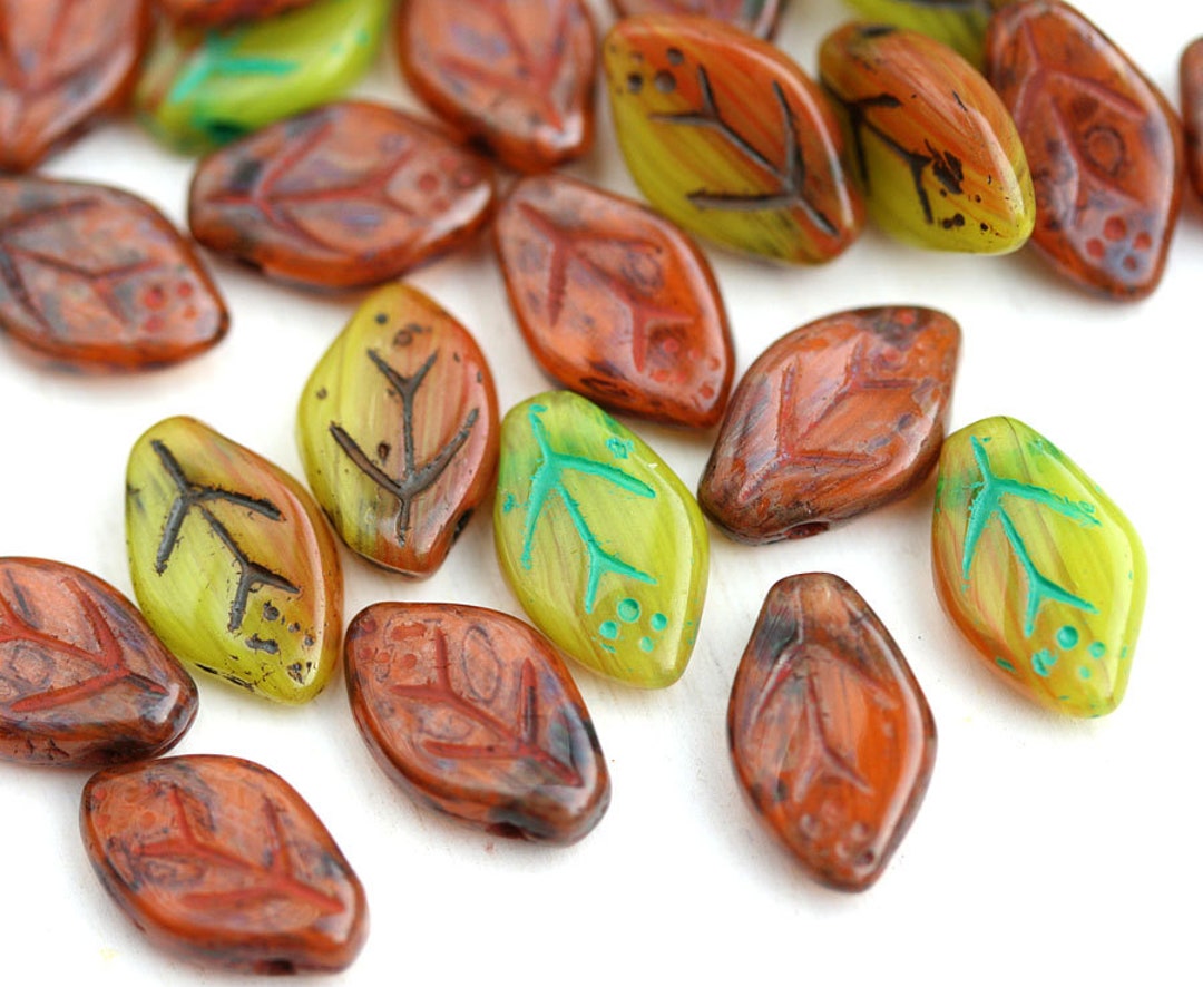12x7mm Autumn Leaf Beads MIX, Picasso Brown Orange, Green, Yellow ...