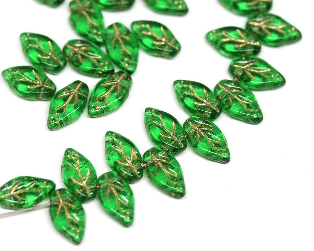 Green Small Leaf Beads Green Gold Czech Glass Pressed Leaves Golden ...