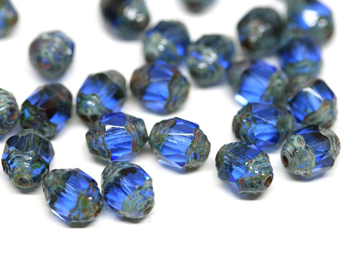 8x6mm Blue Cathedral Beads Picasso Czech Glass Barrel Beads | Etsy