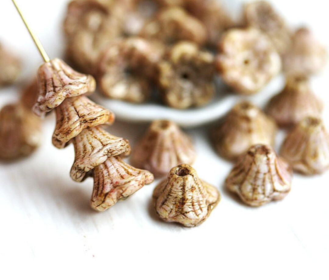 Picasso Flower Beads, Dark Beige Flower Cups, Czech Glass, Rustic ...
