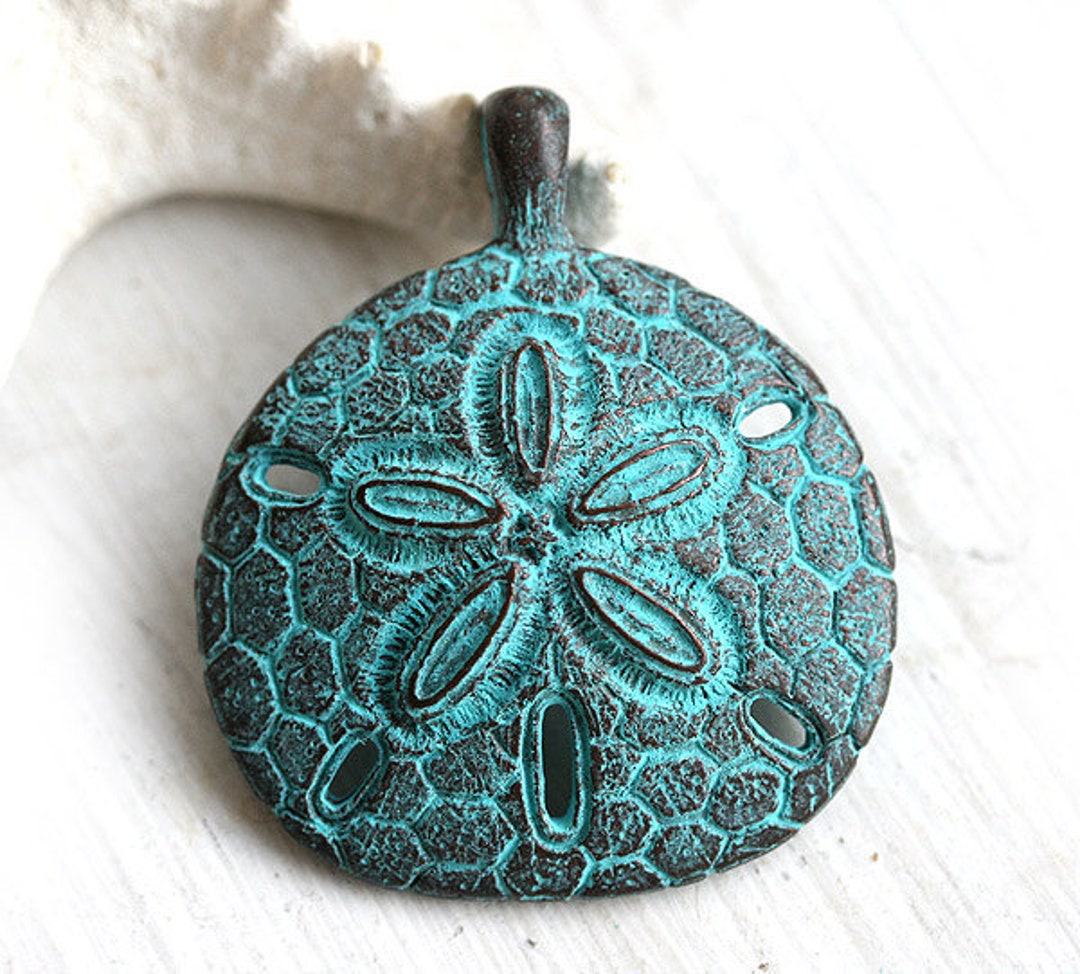 Huge Sand Dollar Pendant Bead Green Patina Copper Metal Nautical Focal ...