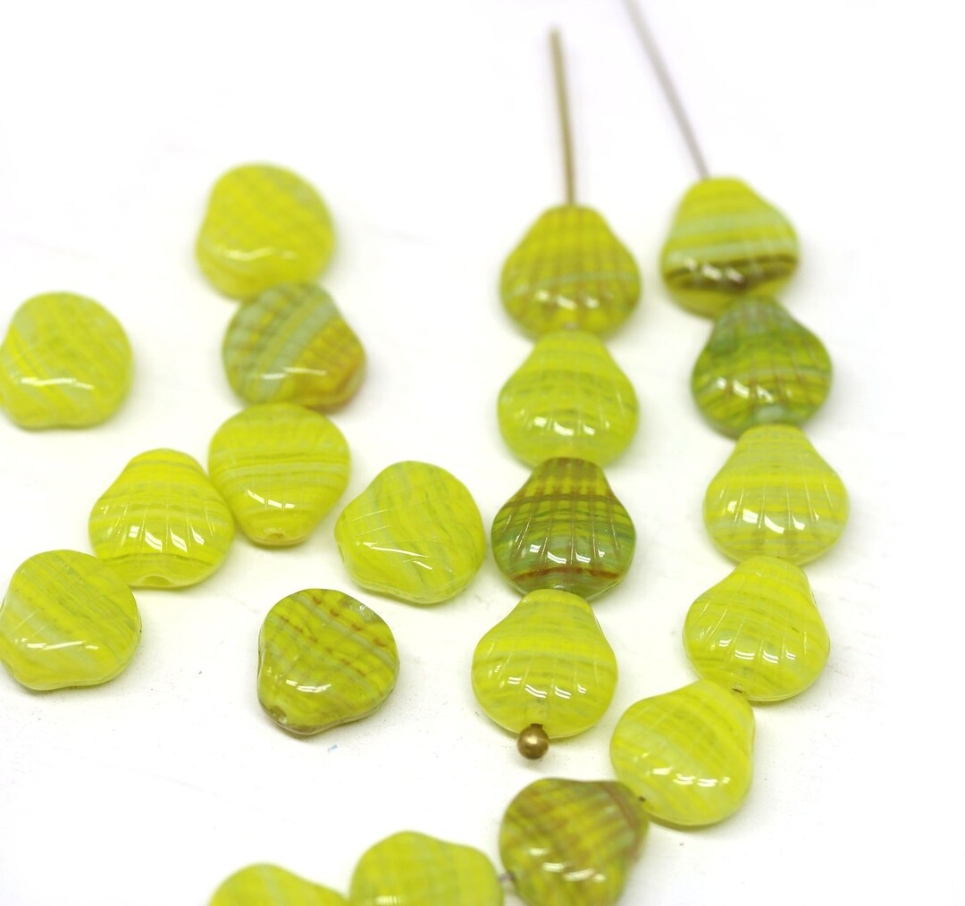 Yellow Green Glass Shell Beads, 9mm Czech Center Drilled Seashell Beads ...