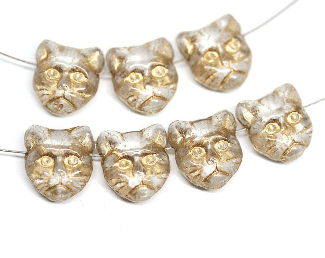 Golden Cat Beads Crystal Clear Czech Glass Beads Side Drilled Gold Cat ...