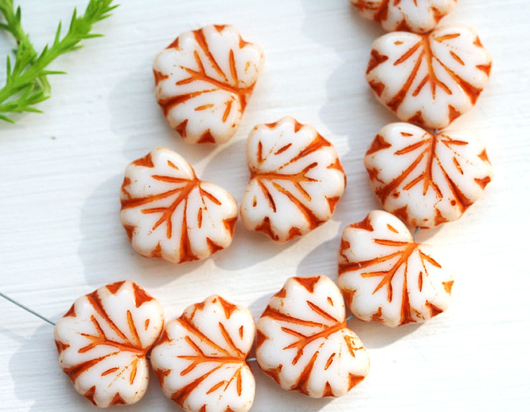 10pc Fancy Leaf Beads, White Maple Glass Leaves, Orange Inlays ...