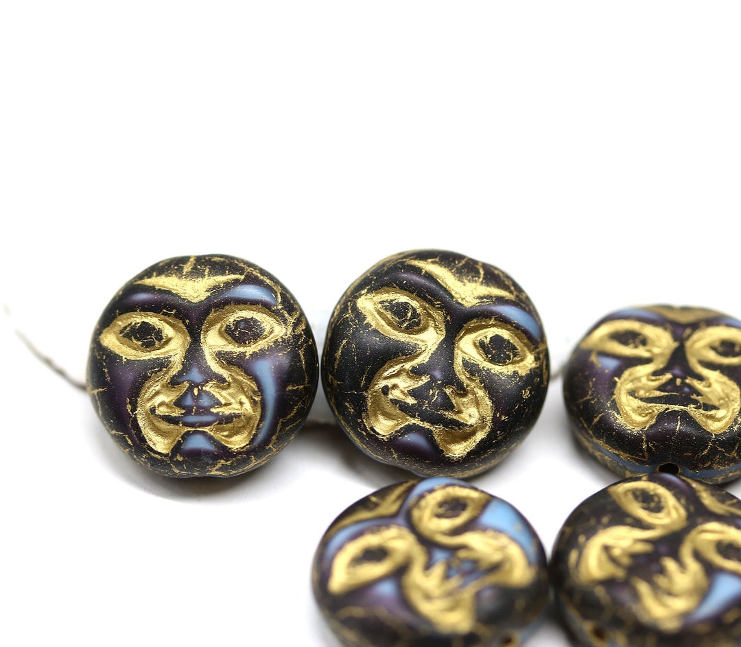 6pc Dark Blue Moon Face Beads Golden Wash Celestial Beads Czech Glass ...