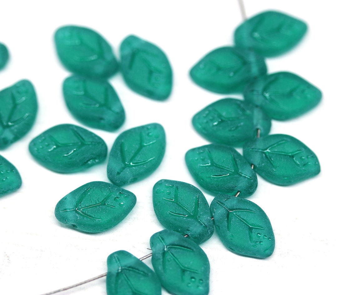12x7mm Frosted Teal Green Glass Leaf Beads Seaglass Finish Czech Glass ...