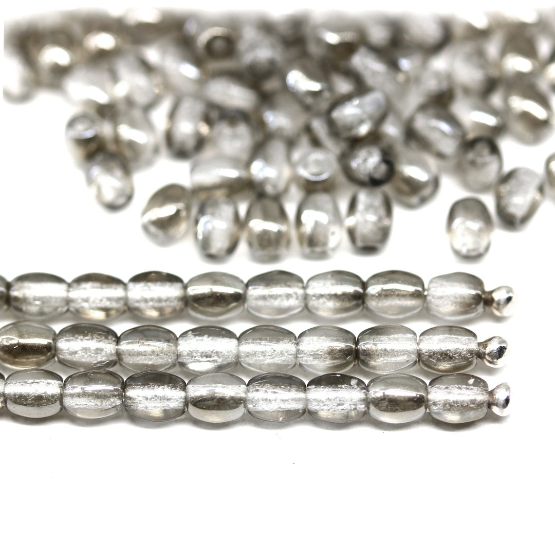 4x3mm Silver Rice Beads, Crystal Clear Small Oval Czech Glass Barrel ...