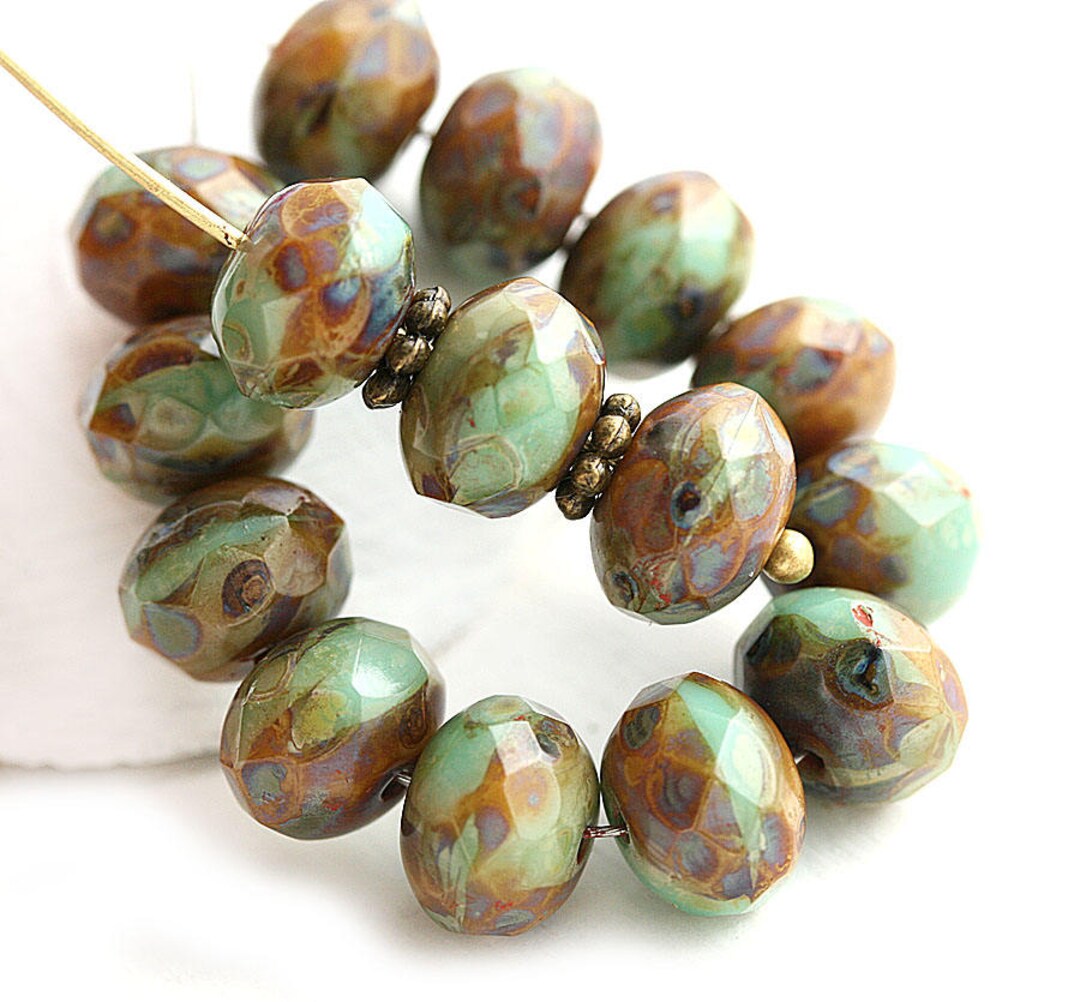 6x8mm Turquoise Green Czech Glass Rondelle Beads, Green Brown Picasso ...