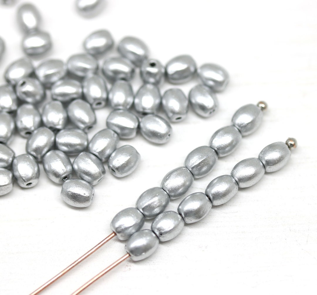 5x4mm Silver Rice Beads, Oval Czech Glass Matte Metallic Silver Pressed ...
