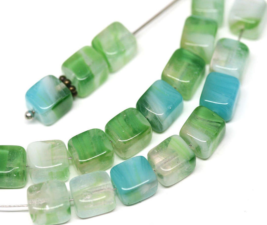 Blue Green Cube Beads Green Mixed Color Czech Glass Pressed Cubes ...