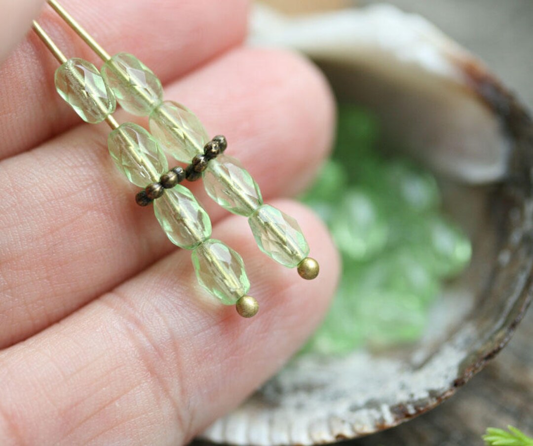 Transparent Green Czech Glass Rice Beads: Fire Polished Olive Shape ...