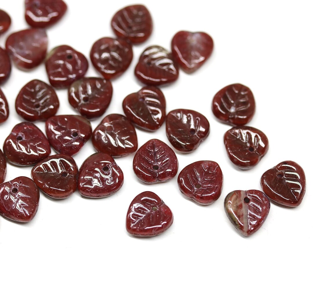 Brown Red Leaf Beads, Heart Shaped Triangle Leaf, Dark Red Czech Glass ...