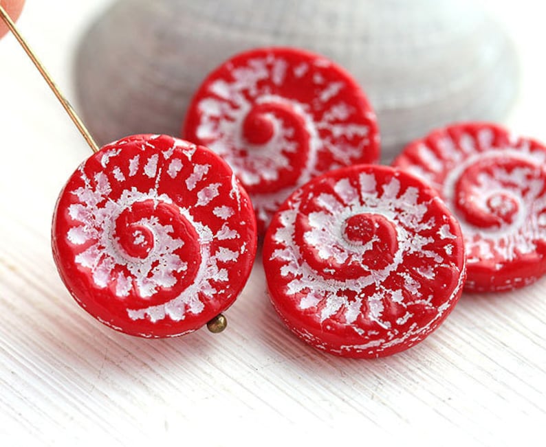 Red Glass Beads Red and White Spiral Czech Glass Circle | Etsy