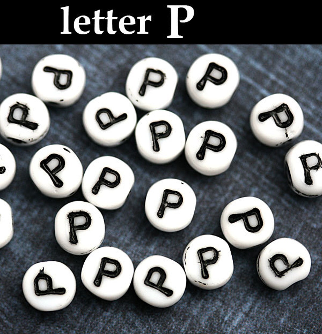 Glass Letter Beads, Alphabet Beads - Letter P - White With Black Inlay ...