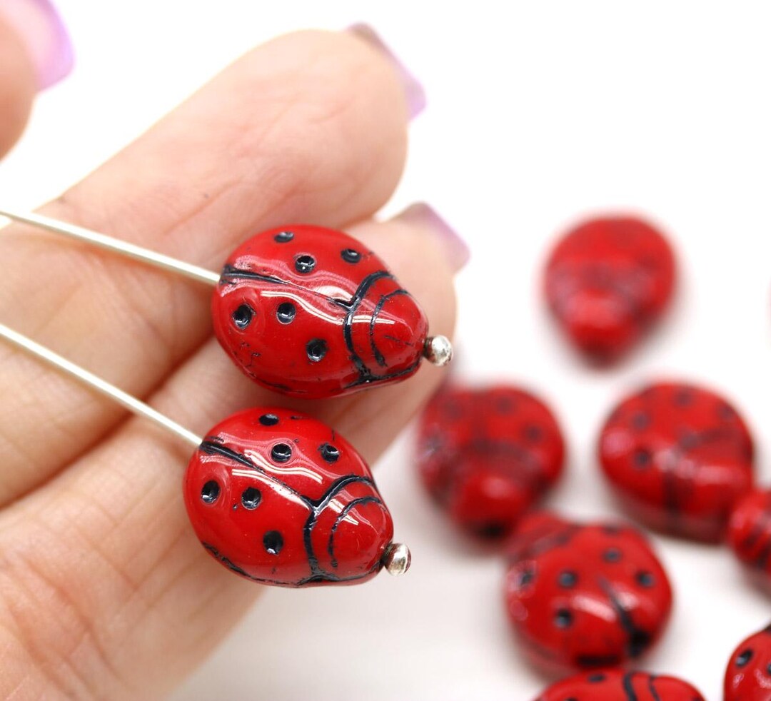 Large Red Ladybug Black Dots Czech Glass Beads 13x11mm, Ladybird 15pc ...