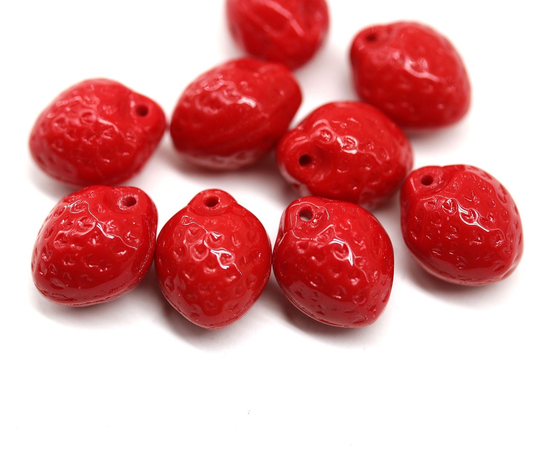 Red Strawberry Beads Czech Glass Fruit Beads Opaque Red Top Drilled ...