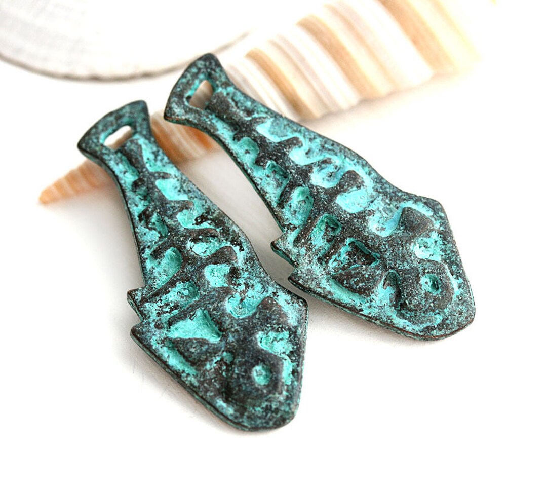 2pc Fish Bone Pendant Copper Metal Fish Charms Verdigris Green Patina ...