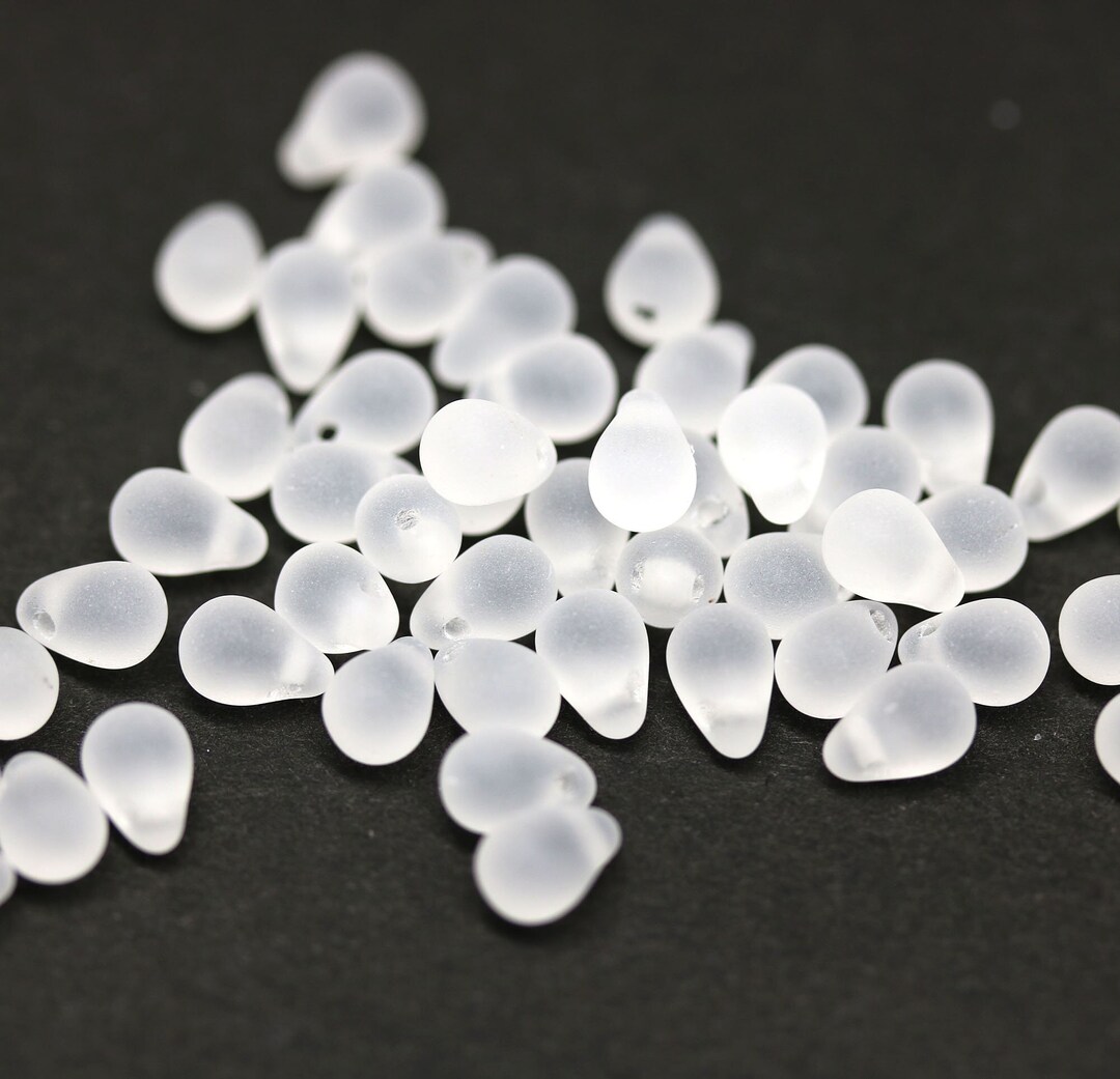 50pc Tiny Frosted Clear Glass Teardrops, Matte Crystal Clear Czech ...
